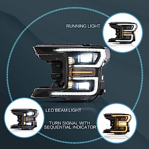 VLAND LED Headlight Assembly Fit for Ford F150 13th Gen 2018-2020, Plug-and-play, Black