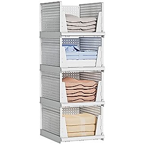 4 Packs Stackable Closet Organizers, Plastic Storage Basket Wardrobe Organizer and Storage Bins Folding Closet Organizer Storage Box Closet Shelf Drawer Organizer for Bathroom Kitchen Office, 4XL