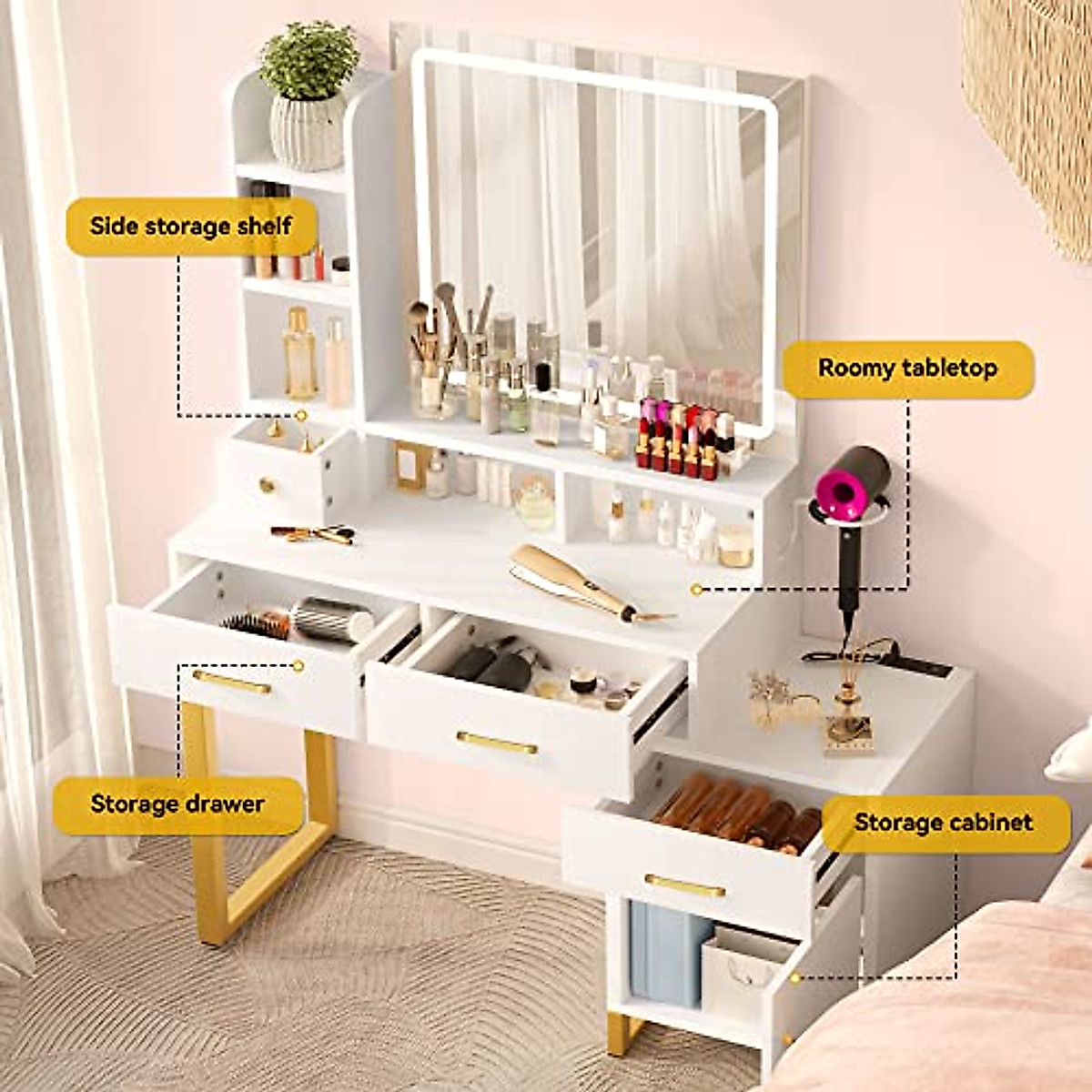 DWVO Vanity Desk with Mirror and Lights, Makeup Vanity with Lights and Drawers, Vanity Mirror with Lights and Table Set, 3 Color Adjustable Lighting Brightness & Power Outlet, White