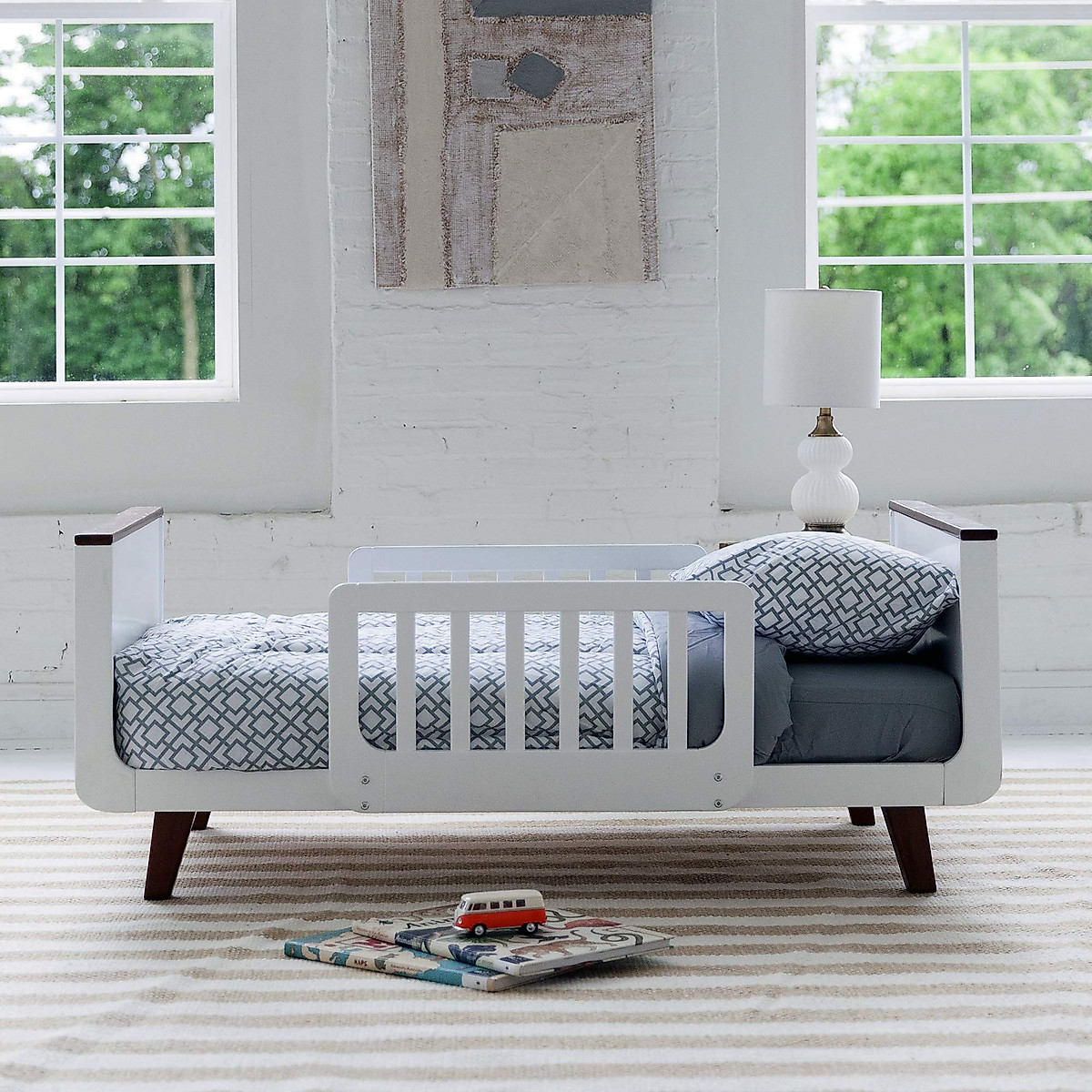 Little Partners MOD Kids Bed - Solid Wood Classic Design Transitional Toddler Bed with Rails for Children's Bedroom with Two Safety Guards, Low-to-Ground Profile (White/Espresso)