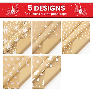 STEZHOU Wrapping Paper Set,5 Sheets Kraft Brown Recycled Gift Wrapping Paper,16.75 x 39.75 inches per sheet,Birthday,Wedding,Valentine's Day, Christmas,Baby Showe，Winter Solstice