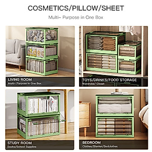 submatches Collapsible Lided Storage Box,Transparent Plastic Folding Box with 5 Doors Opening,54L Stackable Folding Bins with 4 Wheels,Green,1 Pack