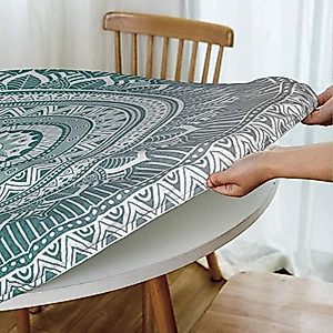 WILL BUDXEG Teal Grey Boho Modern Mandala Turquoise Round Fitted Table Cover Elastic Edge Circle Tablecloth for Outdoor Dining Party Holiday Fits Table up 45"-50" Diameter