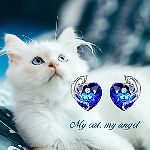 Cat Earrings Sterling Silver Cute Cat Studs Earrings with Ocean Blue Heart Crystals from Austria, Cat Jewelry Gifts for Women Cat Lover