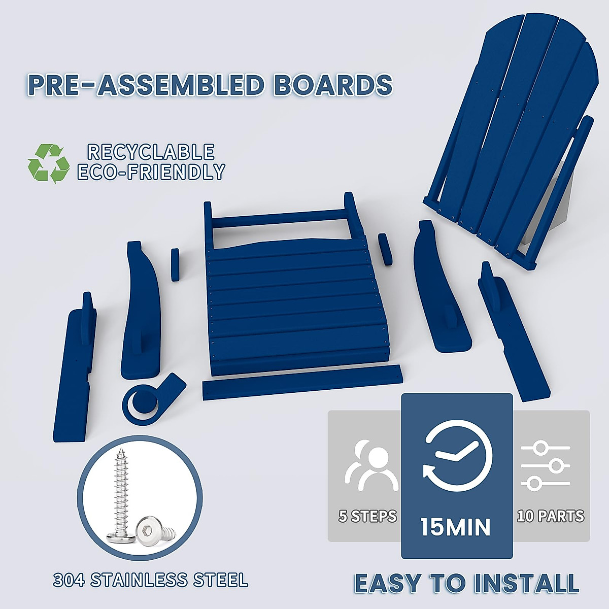 Folding Adirondack Chair with Cup Holder, Poly Lumber Patio Chairs, Wood Texture, Pre-Assembled Weather Resistant Outdoor Chairs for Pool, Deck, Backyard, Garden, Fire Pit Seating, Navy Blue