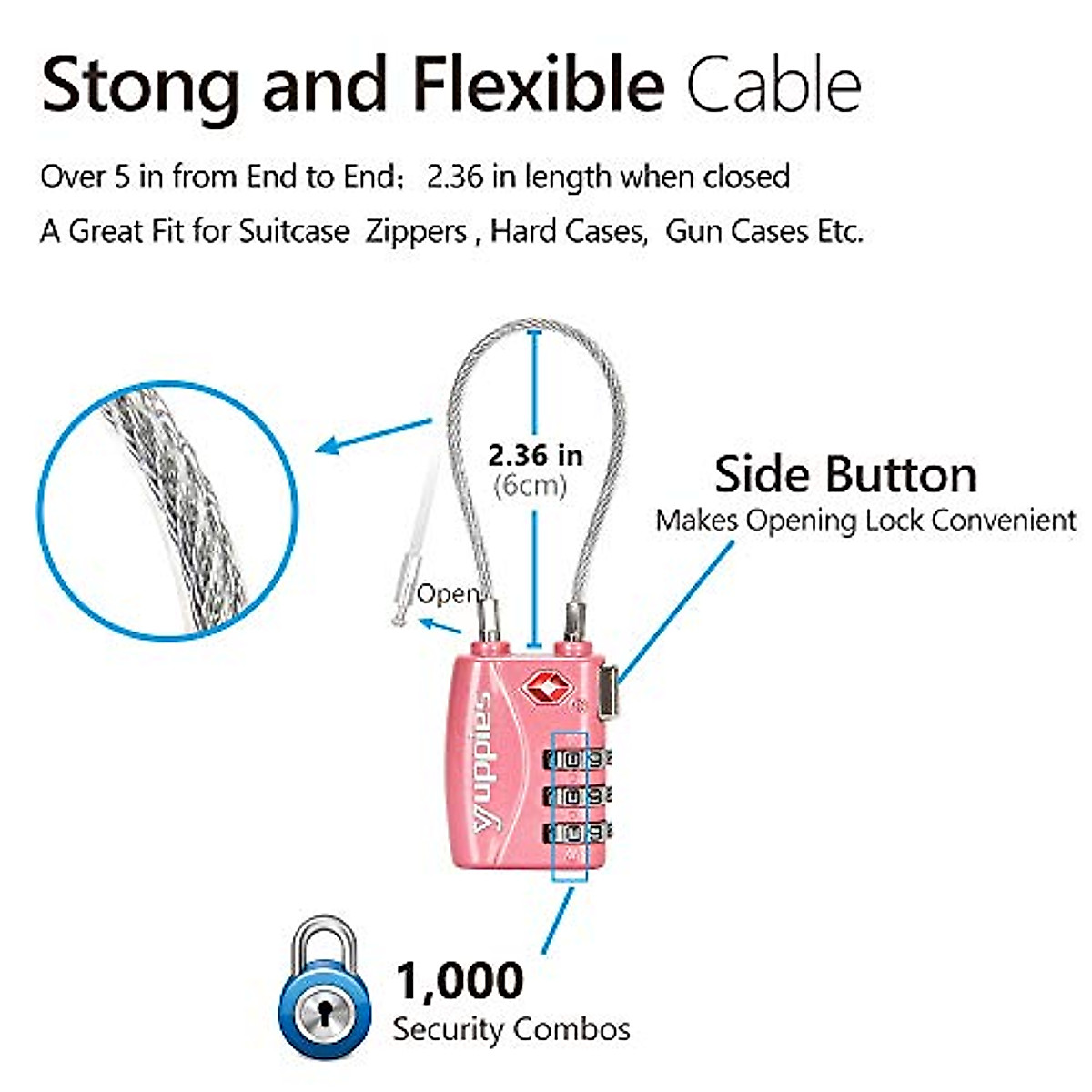 TSA Approved Luggage Locks, Easy Re-settable Combination Backpack Lock, Travel Lock for Suitcase, 1,2 & 4 Pack (Pink 2 Pack)