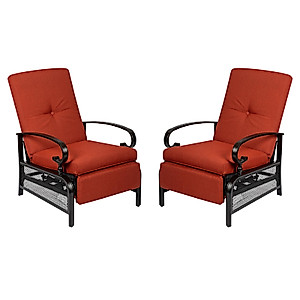 Patiomore 2 Pack Patio Adjustable Lounge Chair, Outdoor Recliner Metal Automatic Chaise Chair with Removable Cushions, Red