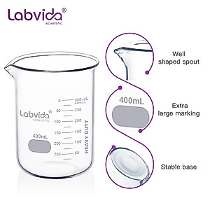 Labvida 6pcs 400ml Upgrated Thick Glass Beakers, Griffin Low Form Beaker Set with Double Scale,3.3 Boro, LVA029