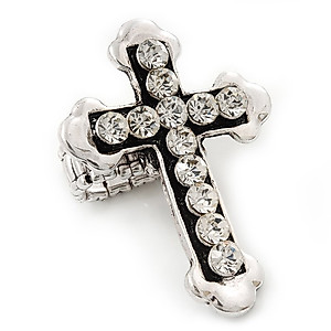 Avalaya 'Fleur de Lis' Crystal Set Statement Cross Stretch Ring In Vintage Silver Finish - 6cm Length - Adjustable size 7/8
