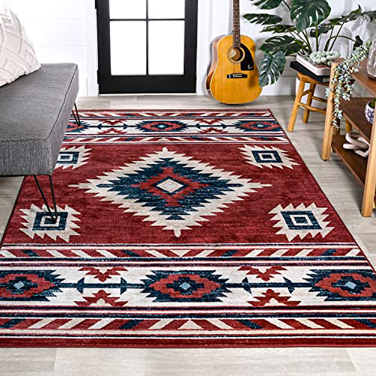 JONATHAN Y SWC100A-8 Serape Medallion Southwestern Indoor Area Rug, Southwestern, Geometric, Country, Bedroom, Kitchen, Living Room, Easy-Cleaning, Non-Shedding, 8 X 10, Red/Navy/Cream