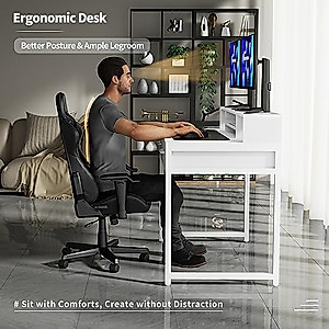 VEELOK Computer Desk with Drawers, 47" Home Office Desk with Monitor Shelf, Writing Desk with Storage, Gaming Desk Work Desk Study Desk for Bedroom, White