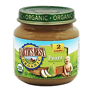 Earth's Best Organic Baby Food Jars, Stage 2 Fruit Puree for Babies 6 Months and Older, Organic Pears, 4 oz Resealable Glass Jar
