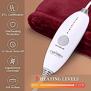 CAROMIO Heated Blanket Electric Throw Christmas Burgundy, Soft Flannel Heating Blankets, Light Heated Throws for Couch with 5 Heat Settings and 4 Hours Auto Shut Off, Red, 50"× 60"