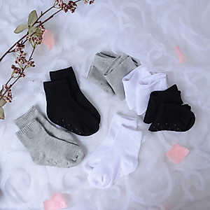 Tenpluszero 12 Pairs Non Slip Toddler Socks Crew Socks with Grips for Baby Boys Girls (Black,White,Grey, 2T/4T)