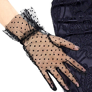 Lace Gloves Polka Dot Elegant Short Classic Costume Glove Courtesy Summer Gloves for Halloween Women Ladies Girls Parties Wedding Bride Etiquette Black