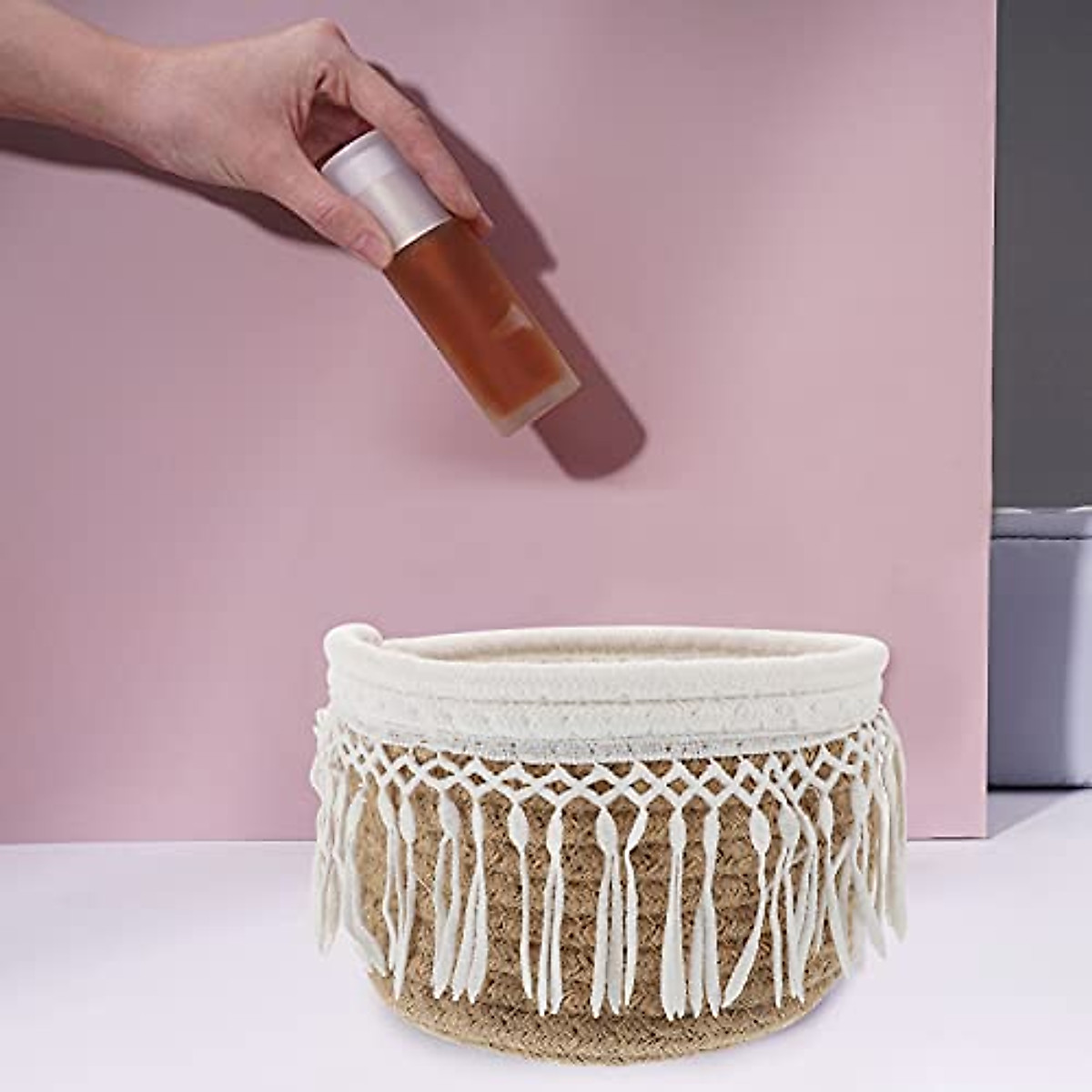 Cabilock Cotton Thread Storage Basket Boho Basket with Tassel Jute Color Farmhouse Small Laundry Basket Table Storage Braided Bin Organizer with Tassel Fringe