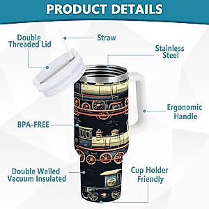 ARGTILDN Steam Train 40 oz Tumbler Insulated Travel Mug with Handle and Straw Lid Vintage Car Stainless Steel Vacuum Coffee Cup Tea Beverage Container Water Bottles for Car Sports office