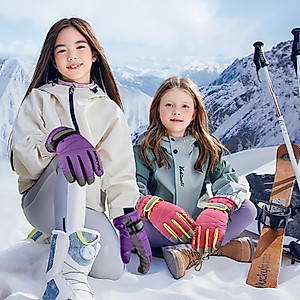 TRIWONDER Ski Gloves Kids Cold Weather Winter Warm Gloves Windproof Thermal Fleece Outdoor Snowboard Snow Gloves Mittens for Boys Girls Children (Purple, S (6-7 Years Old))