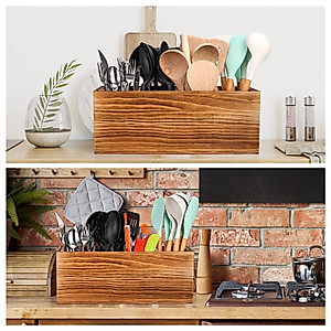 Yumkfoi Extra Large Utensil Holder, 4 Sections Wooden Utensil Organizer, Farmhouse Kitchen Utensil Organizer for Countertop, Rustic Utensil Caddy Crock Counter Organizer and Cooking Tools Storage