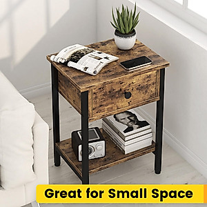 Night Stand Set of 2, Bedside Table with Drawers, Modern End Side Table with Storage Shelves, Versatile Nightstands for Bedroom Living Room Sofa Couch, Wood Metal Bedroom Furniture, Rustic Brown