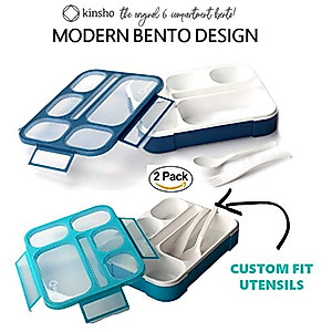 Bento-Box Lunch Boxes for Kids, Boys, Adults. Leakproof Lunch Set, Bentoboxes for School or Work. Portion Containers. BPA Free. 6 Compartments. Fork & Spoon. Blue & Navy Blue Large