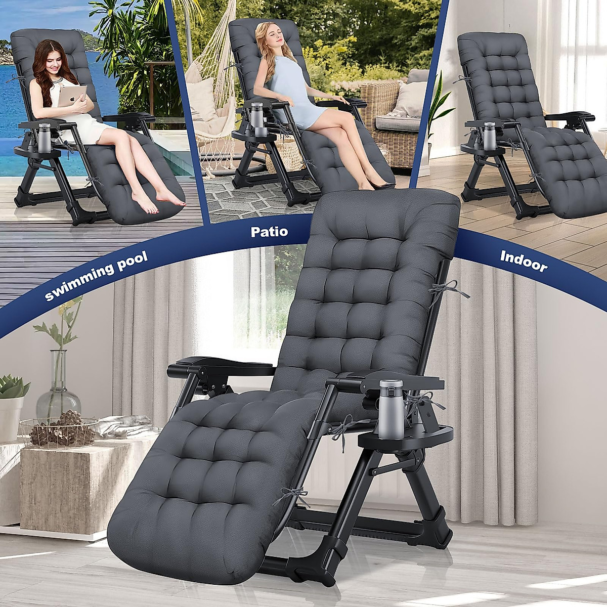 Tycdiose Outdoor Chaise Lounge Chair Cushion Waterproof 66 x 21 x 4 Inches Indoor Outdoor Memory Foam Lounge Chair Cushions with Ties, Soft Thickened Lounge Chair Cushions for Outdoor Furniture (Grey)