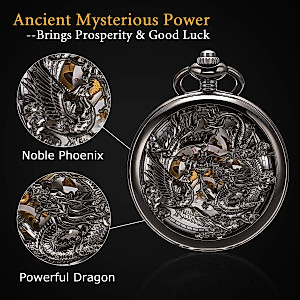 SIBOSUN Mechanical Pocket Watches Mens Lucky Phoenix and Dragon Skeleton Pocket Watch Black Antique Roman Numerals Box