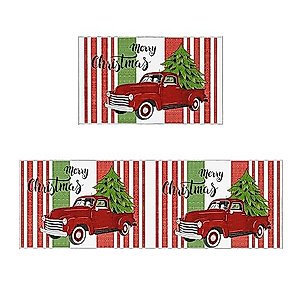 2 Pieces Kitchen Rugs and Mats Set, Christmas Truck Xmas Tree Red Green Stripe Kitchen Mats Cushioned Floormat Non Slip Runner Rug Set for Kitchen Laundry Entryway Decor, 15.7"x23.6"+15.7"x47.2"