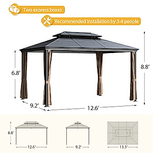 Greesum 10'x13' Hardtop Polycarbonate Gazebo, Outdoor Steel Double Roof Canopy, Aluminum Frame Permanent Pavilion with Netting and Curtains for Patio, Backyard, Deck and Lawns