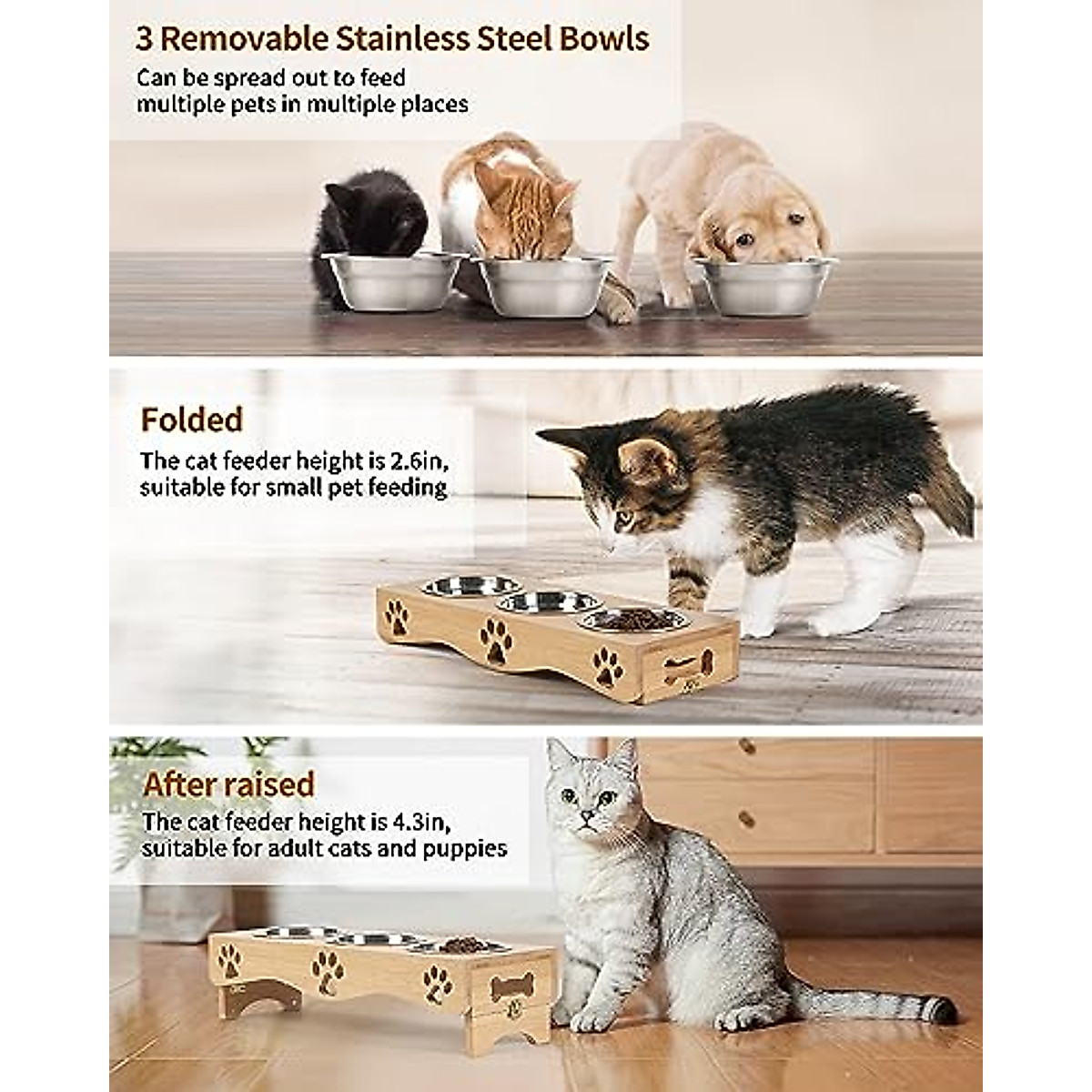 JAZUIHA Elevated Cat Bowls, Raised Cat Food Bowl Set Stainless Pet Dishes Feeder with Wooden Stand, Food and Water Bowl for Cat and Small Dog (Wood Color)