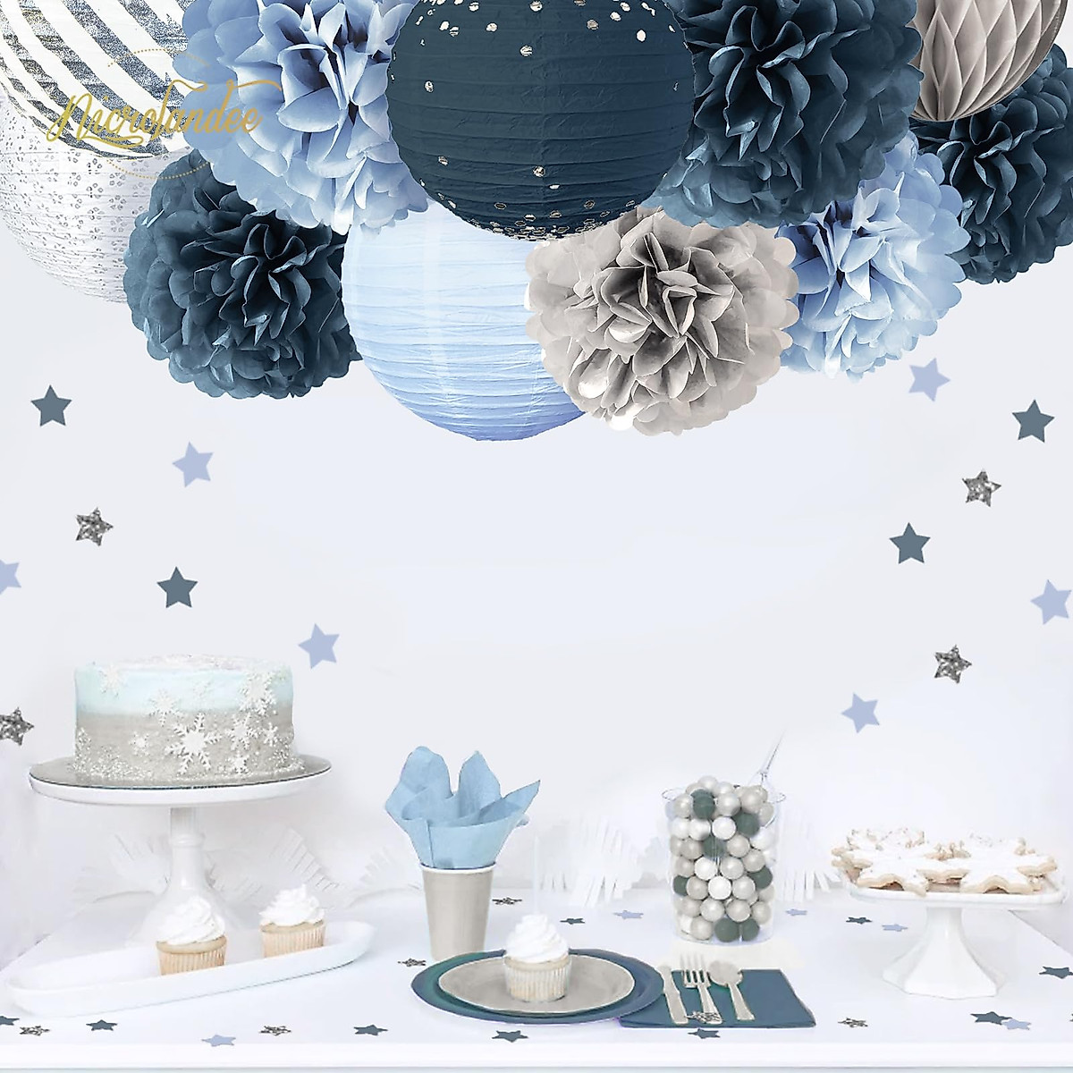 NICROLANDEE Wedding Party Decorations - 12PCS Dusty Blue Tissue Pom Poms Paper Lantern 50G Glitter Confetti Party Supplies for Romantic Wedding, Bridal Shower, Baby Shower, Birthday, Special Events