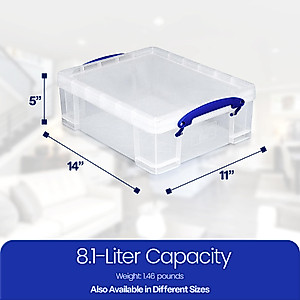 Really Useful Box 4 Pack Storage Bins, Clear Plastic Stackable Organizing Totes, 8.1 Liter