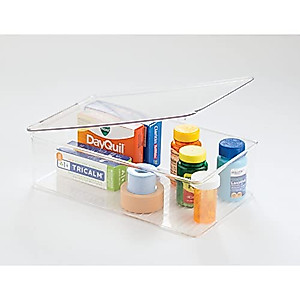 mDesign Plastic Bathroom Storage Organizer Box w/Hinge Lid for Closet Shelves, Cupboards, Holds Medicine, First Aid, Lotion, Cotton Swabs, Masks, and Styling Tools, Ligne Collection, 2 Pack, Clear