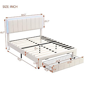 Modern Queen Size Upholstered Platform Bed with LED Lights and 2 Motion Activated Night Lights, PU Leather Platform Bed Frame Mattress Foundation with Storage Drawer for Bedroom Guest Room (White-A4)