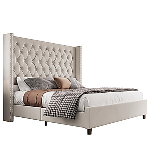 PaPaJet Queen Bed Frame 61.4" Tall Headboard Upholstered Velvet Platform Bed with Handmade Deep Button Tufted/No Box Spring Required/Cream