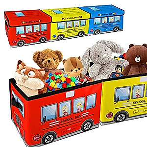Kids Toy Chest,Toy Chest, Collapsible Storage Cubes Organizer with Handles, Kids Toy Bin with Lids, School Bus Pattern Toy Storage Organizer for Boys, Girls, Playroom, Closet, Living Room, 3 Packs