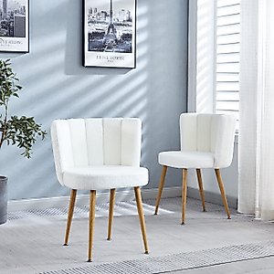 Dining Chairs Set of 2, Modern Teddy Fabric Dining Chairs Shell Shape Side Chair Desk Chair Accent Chair with Metal Legs for Kitchen,Dining Room,Living Room,Cafe (White)