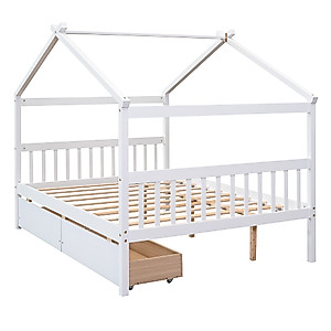 Full Size House Bed for Kids, Montessori Bed Full Size Platform Bed Frame with 2 Drawers, Headboard and Footboard, Solid Wood Full Storage Bed for Girls & Boys (Full, White)