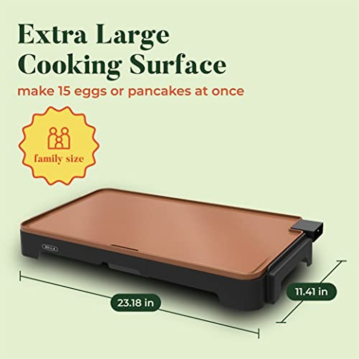 BELLA XL Electric Ceramic Titanium Griddle, Make 15 Eggs At Once, Healthy-Eco Non-stick Coating, Hassle-Free Clean Up, Large Submersible Cooking Surface, 12" x 22", Copper/Black