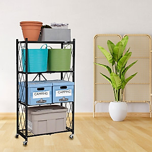 Origami 4 Tier Folding Storage Powder Coated Steel Garage Shelving Unit Indoor Home Portable Organizer Rack with Wheels, Set of 2, Black