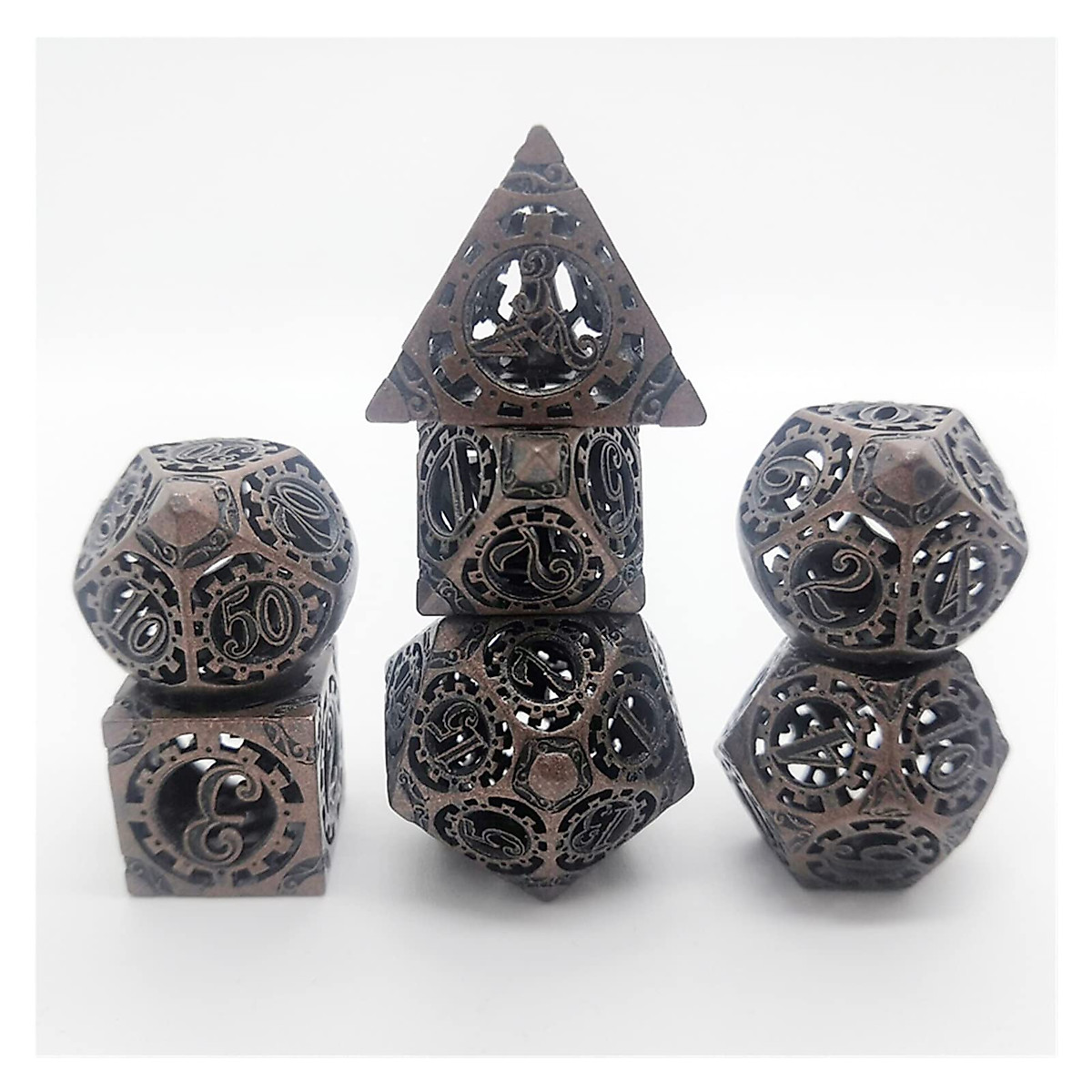 ZYM305 7pcs Metal Dice Brass Hollow Out Handcrafted DND Board Game Dice Pathfinder MTG  Metal Dice Sets Games Dice (Color : Burgundy)