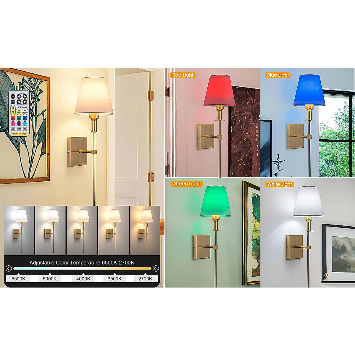 Wall Sconces Battery Operated Set of 2,Gold Rechargeable Wireless Wall Lights Fixture,Indoor Battery Wall Sconce with Remote Dimmable 10 Colors Modes,for Bedroom,Apartment,Farmhouse (Gold)