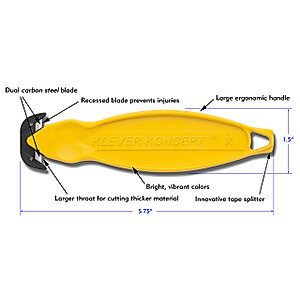 Klever Koncept (By Klever Kutter) 3/Pack Safety Box Cutter, Box Cutter, Prevents Costly Injuries and Accidental Damaged Product, Dual Sided Lasts Twice As Long As A Traditional Box Cutter, Disposable