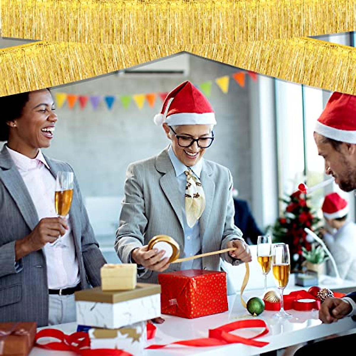 6 Pack 10 Feet Foil Fringe Garland Metallic Tinsel Streamers Banner Wall Hanging Curtain Backdrop for Parade Floats, Bachelorette, Wedding, Birthday, Halloween, Christmas Party Decorations(Gold)