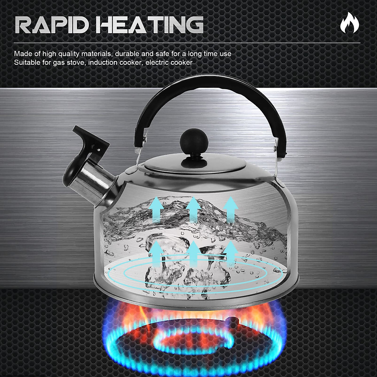 Housoutil 1PC Stainless Steel Whistling Tea Kettles, Silver Water Boil Kettle, 2L/1.81Quart Sounding Induction Cooker Flat Bottom Kettle for Coffee, Tea, Milk (Electric Applicable)