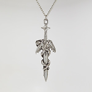Dragons Wrapped Around Sword Medieval Renaissance Silver Finish Pendant Necklace