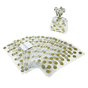 Polka Dot Cellophane Bags - 11" x 5", Gold, 20 Pcs