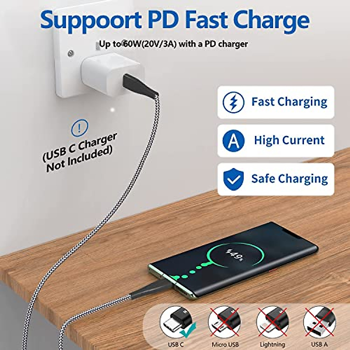 2Pack 10ft Long USB C to USB C Cable Charger Cord for Samsung Galaxy S23/S23 Plus/S23 Ultra/S22/S22+/S21 FE 5G/S20,Note 20 Ultra/10 A53,Google Pixel 6 7 Pro/4A 5G/5 4XL,60W(20V 3A)Fast Charge Charging