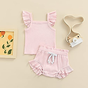 CIYCUIT Newborn Baby Girl Summer Clothes Ruffle Sleeveless Ribbed Top Bloomers Shorts Set Pink 0-3 Months