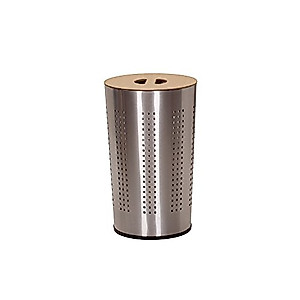 Household Essentials 7081-1 Round Metal Laundry Hamper - Removable Liner Bag and Wood Lid - Stainless Steel